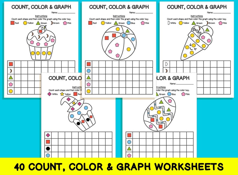 40 Count Color & Graph Worksheets Count and Graph Shapes - Etsy