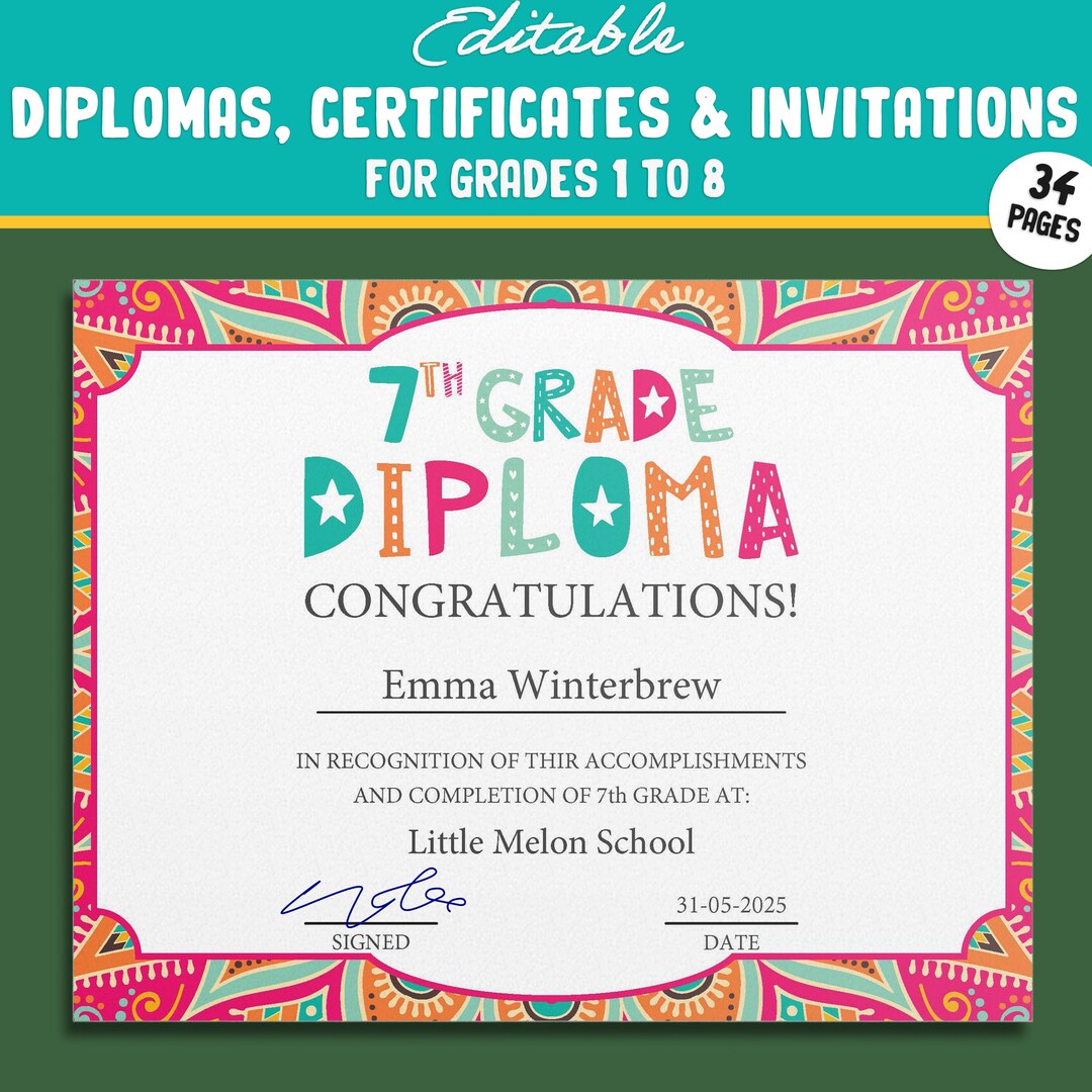 Printable 7th Grade Diplomas, Editable Certificates for 1st-8th Grades ...