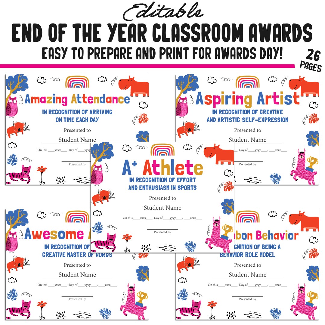 Customizable Classroom Superlatives and Fun End-of-year Awards 26-page ...