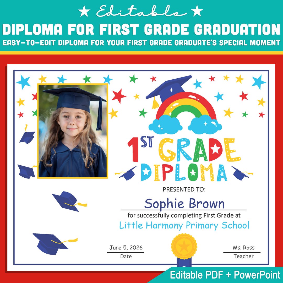 Editable First Grade Diploma Template With Photo: Customizable Letter ...