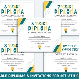 Editable 3rd Grade Graduation, 1st to 8th Grade Diploma, Certificate of ...