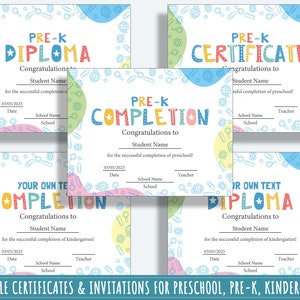Kindergarten Certificates Completion Diploma and Invitations, Editable ...