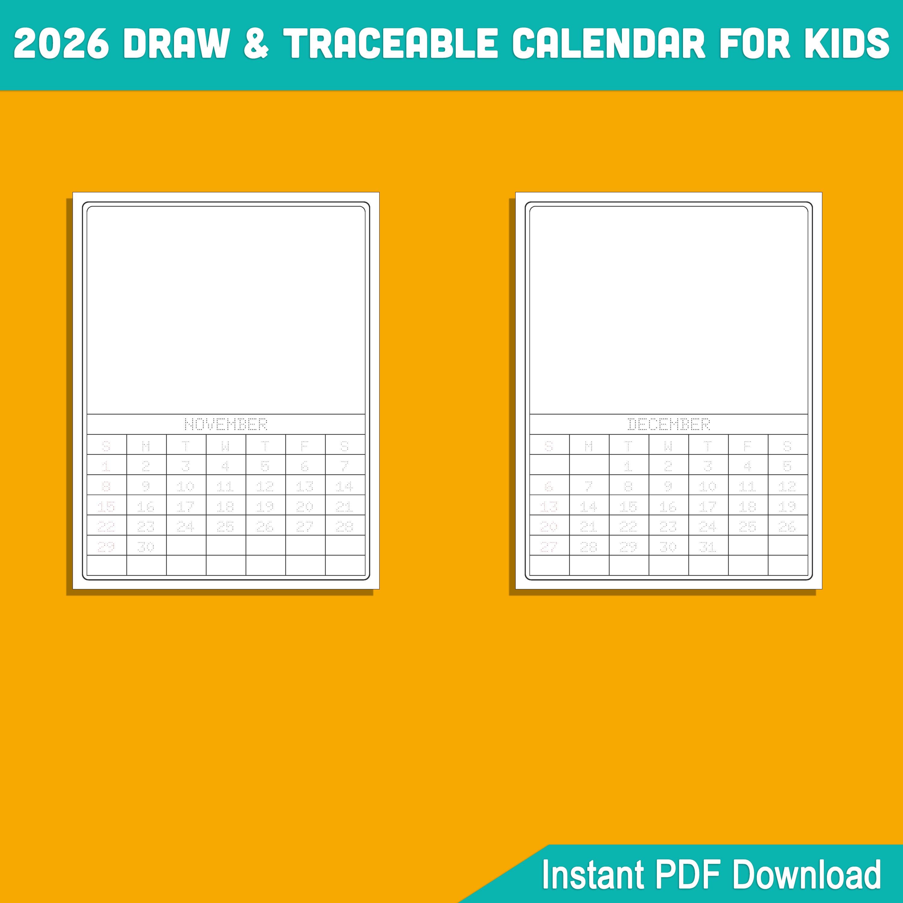 2026 Traceable Calendar for Kids: 12-month Template for Tracing ...