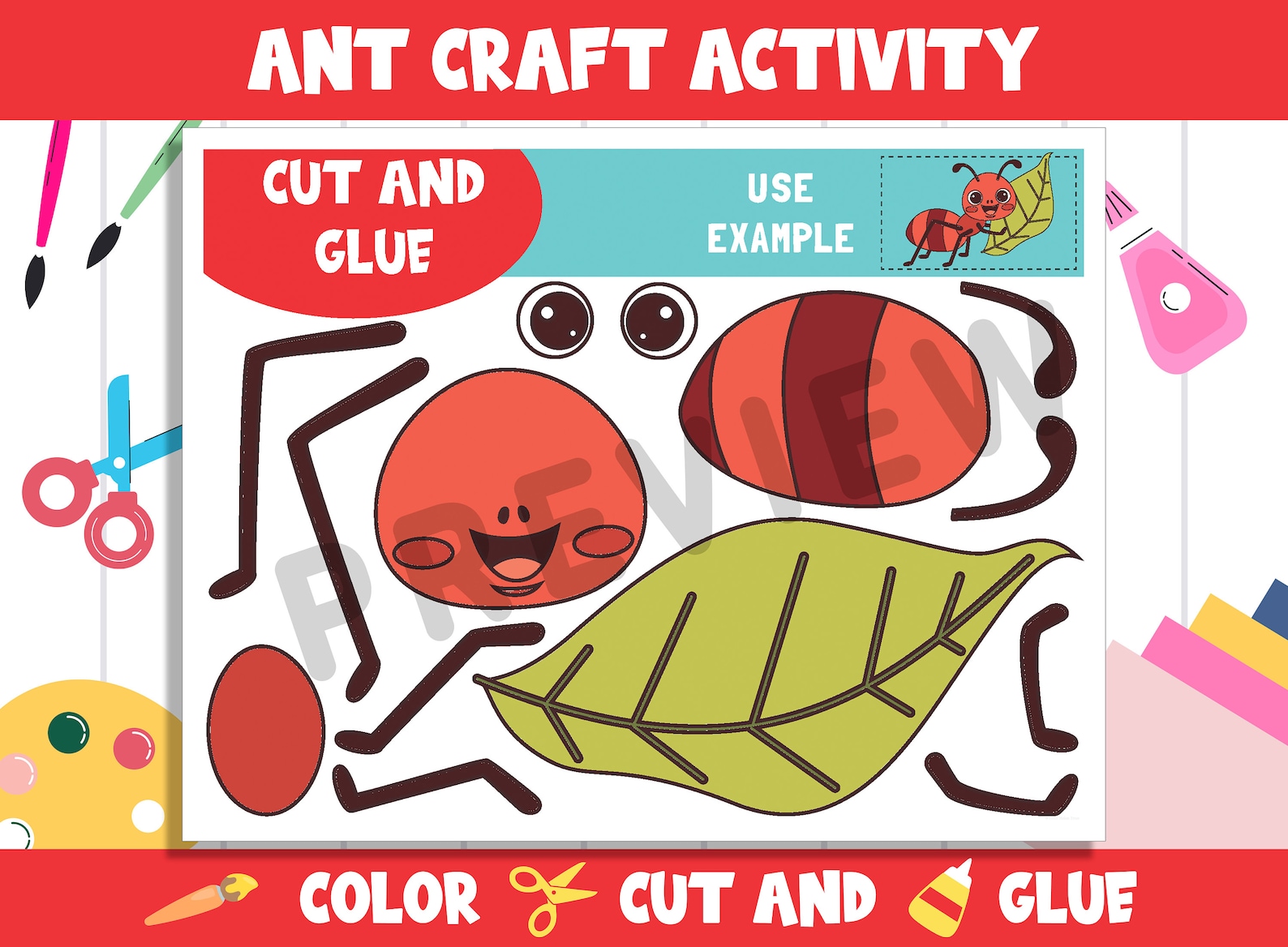 Cute Ant Craft Activity Color, Cut, and Glue for Prek to 2nd Grade, PDF ...