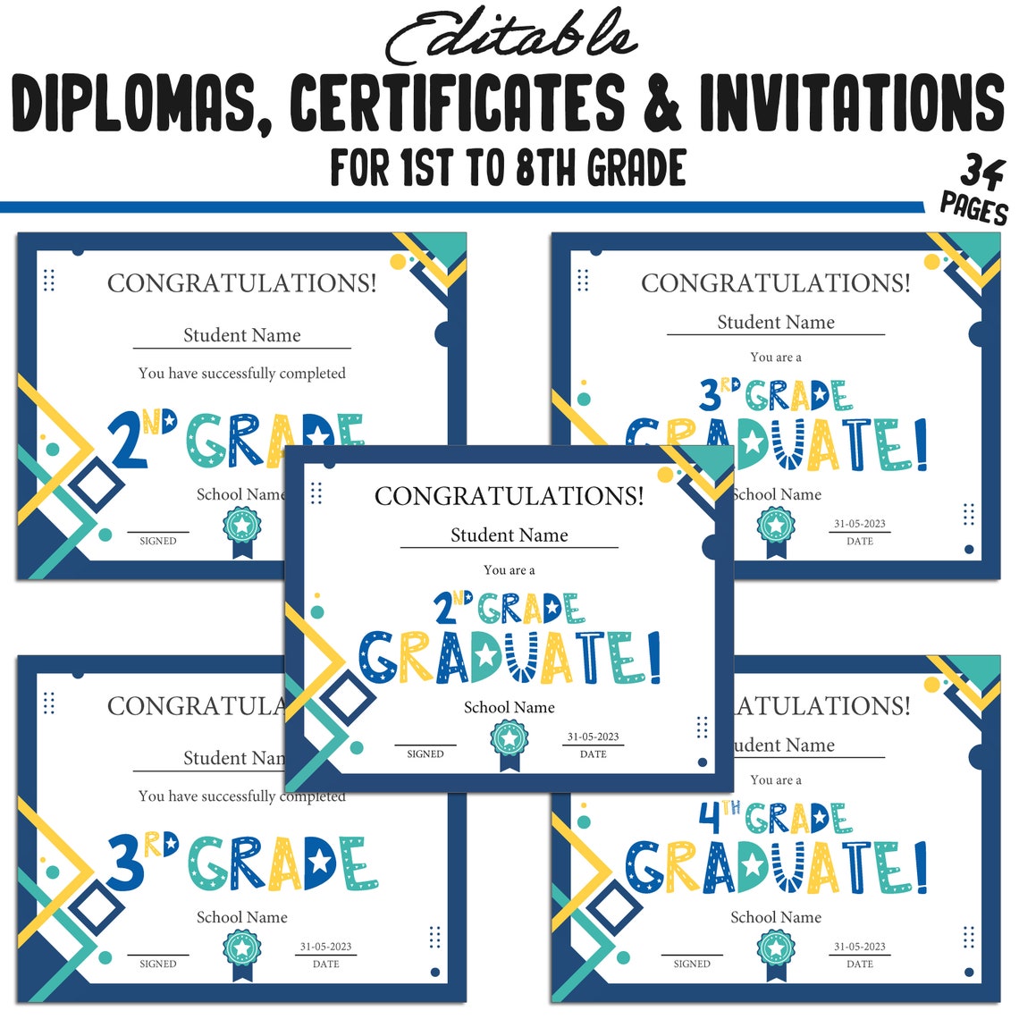 Personalized 2nd Grade Diplomas, 1st-8th Grade Achievement Certificates ...