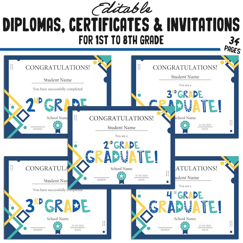 Personalized 2nd Grade Diplomas, 1st-8th Grade Achievement Certificates ...