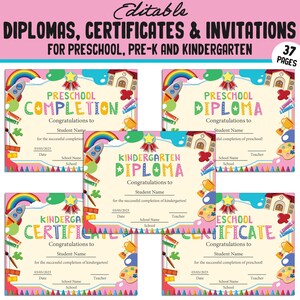 Editable Preschool, Pre-k, and Kindergarten Diplomas, Certificates, and ...