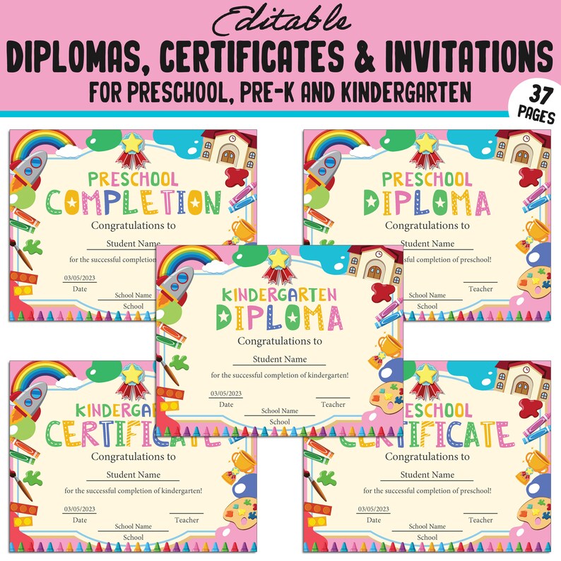 Editable Preschool, Pre-k, and Kindergarten Diplomas, Certificates, and ...