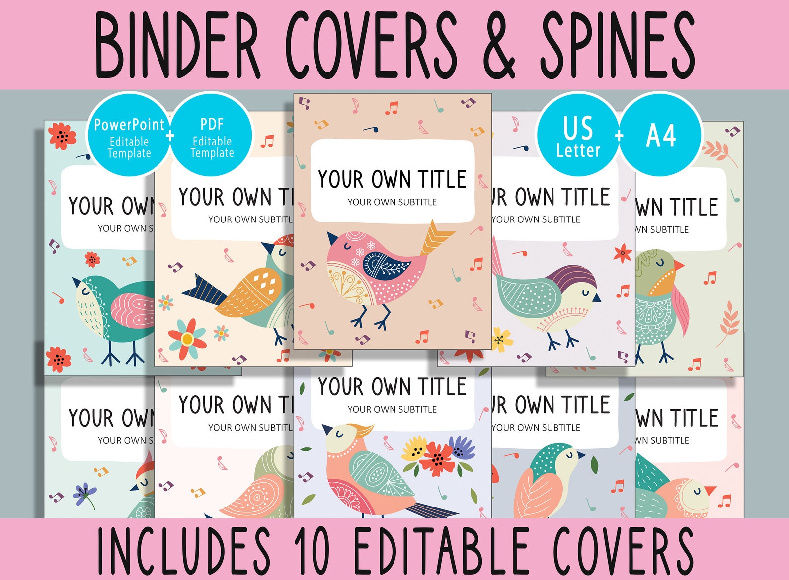 10 Editable Singing Bird Binder Covers, Includes 1", 1.5", 2" Spines ...