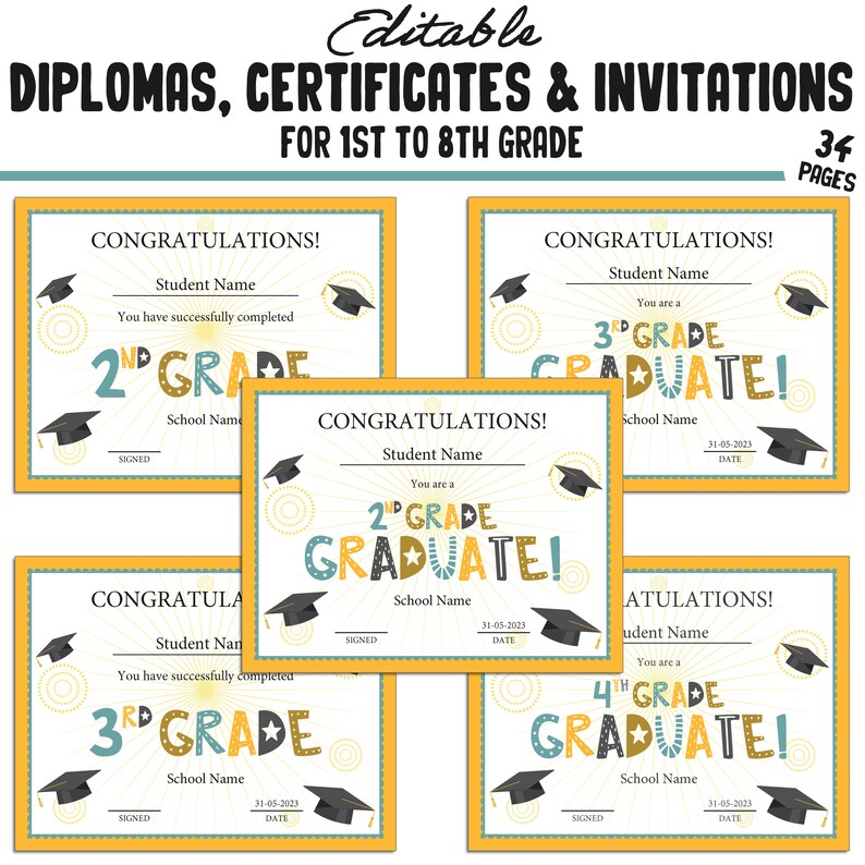 34 Editable First Grade Diplomas, 1st-8th Grade Certificates, Diplomas ...