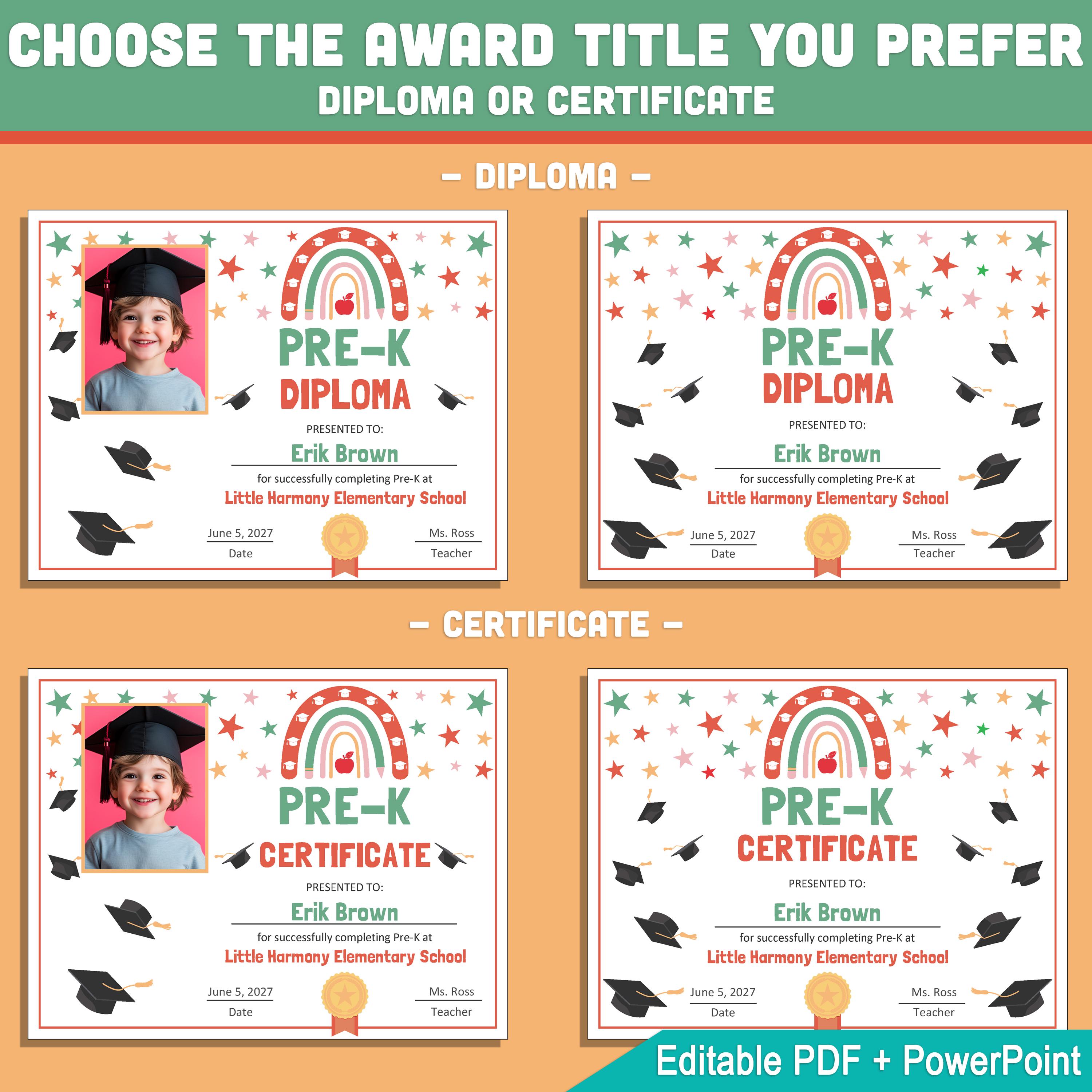 Editable Pre-k Graduation Diploma & Certificate Set, Retro Rainbow ...