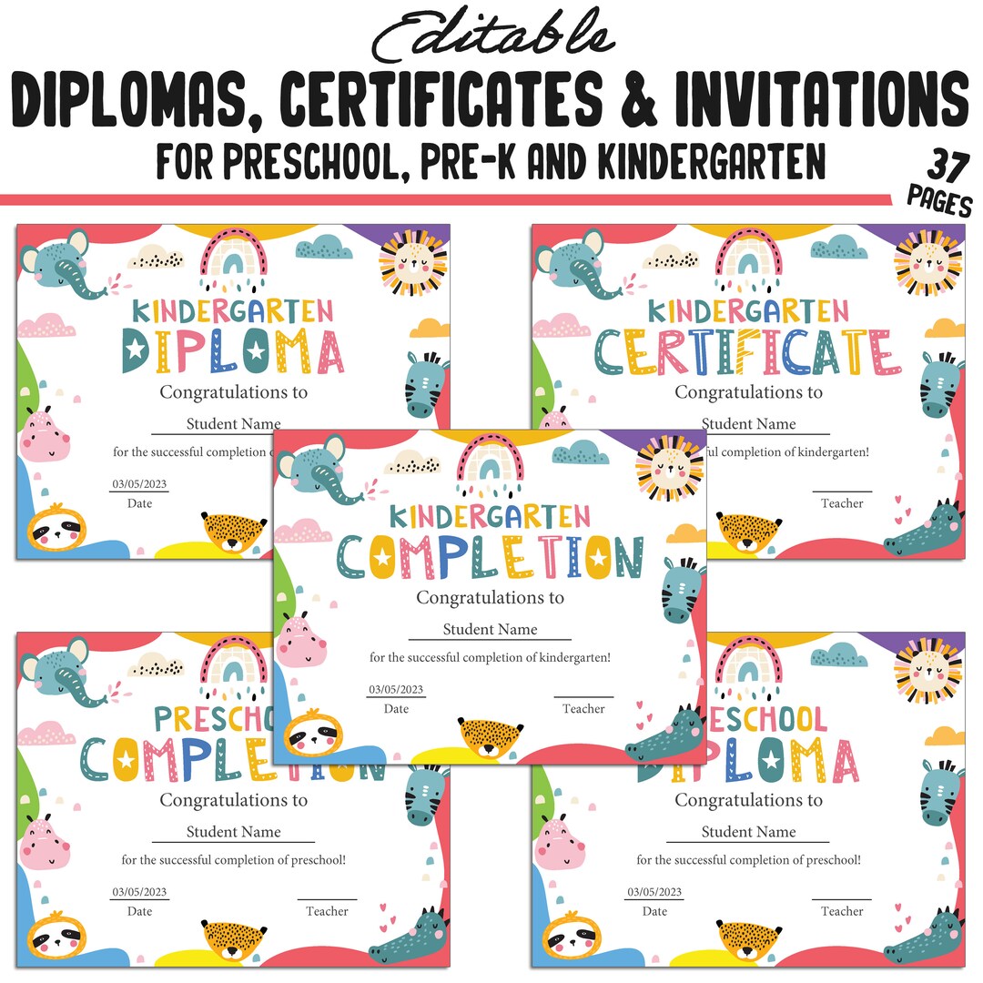 Editable Kindergarten, Pre-k, and Preschool Completion Certificates ...