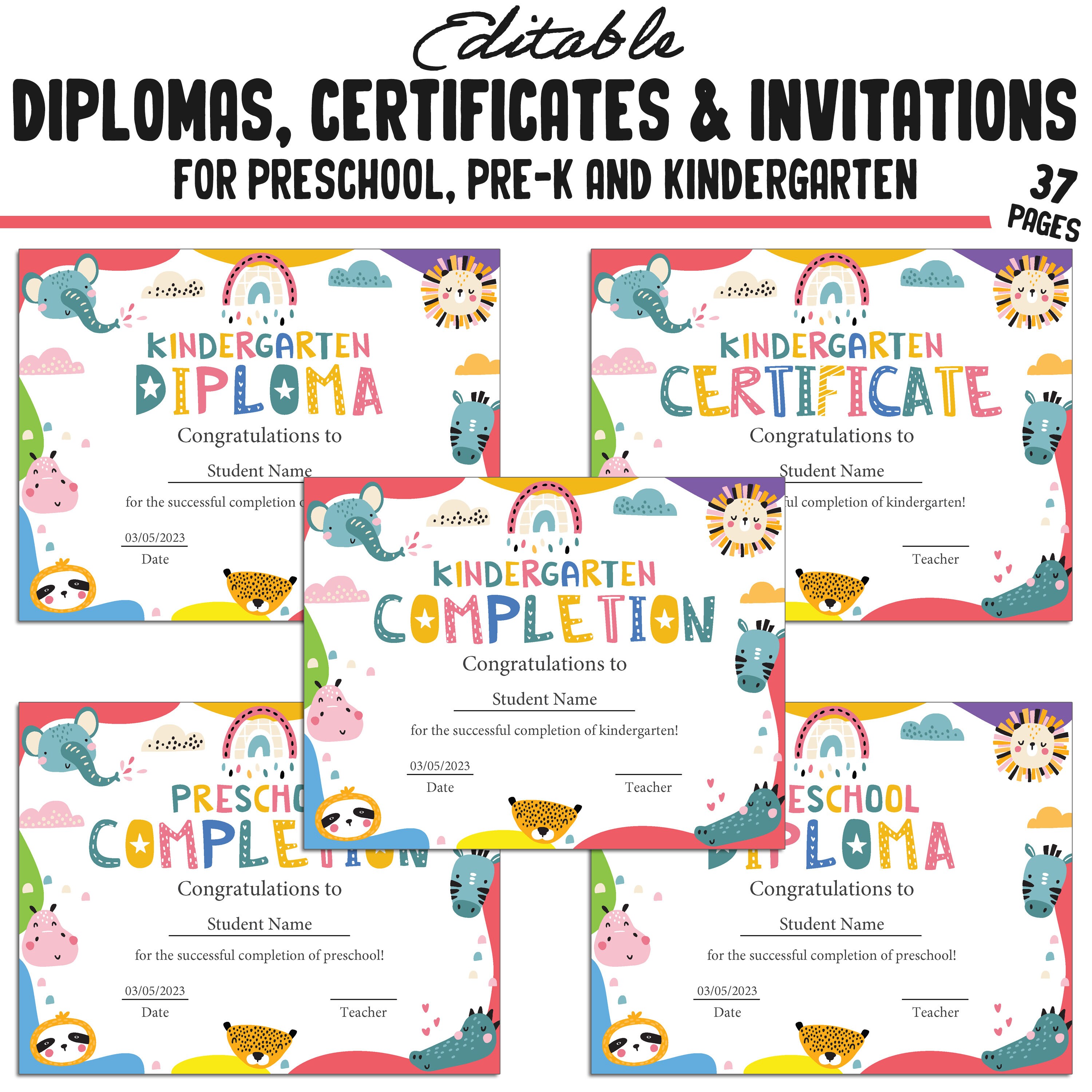 Editable Kindergarten, Pre-k, and Preschool Completion Certificates ...