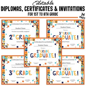Editable Diplomas for 3rd Grade, Certificates for 1st-8th Grade, and ...