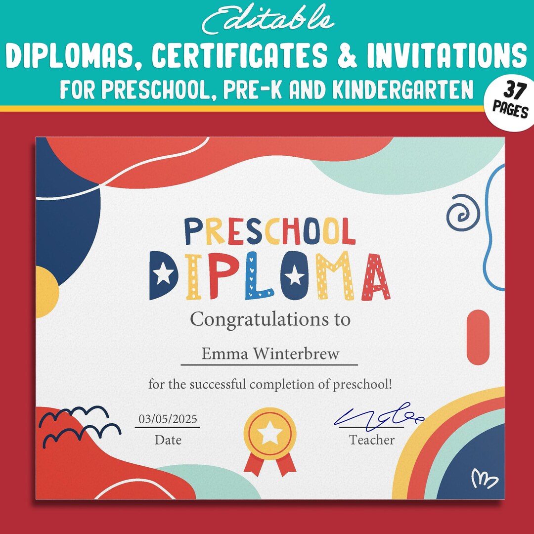 Editable Diplomas, Certificates, and Invitations for Pre-k, Preschool ...