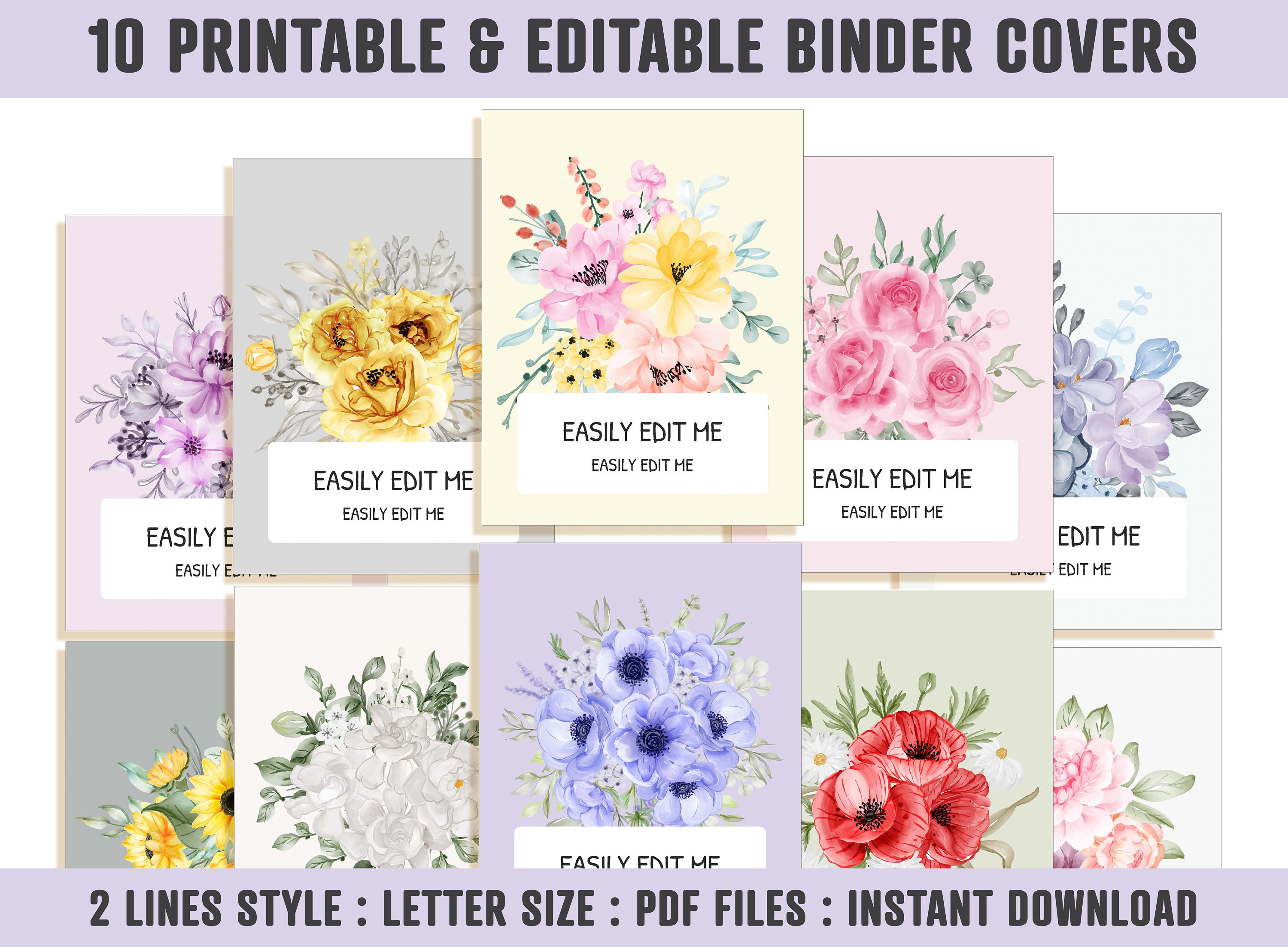 Flower Binder Cover, 10 Printable & Editable Binder Coversspines Binder ...