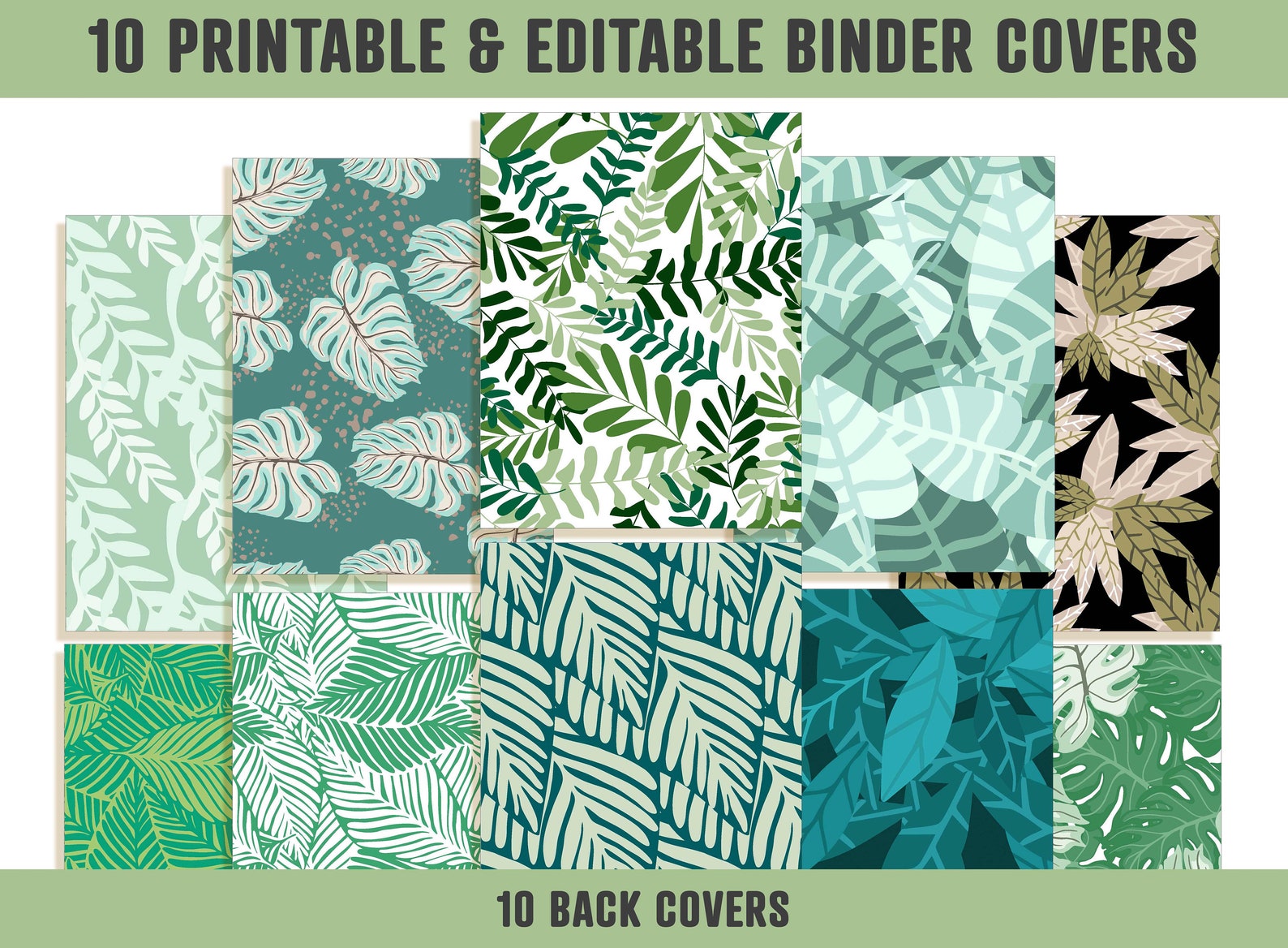 Tropical Leaves Binder Cover, 10 Printable & Editable Coversspines ...
