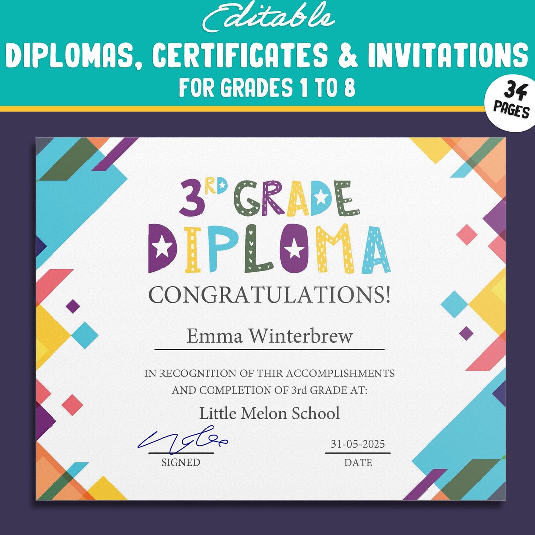 Editable 3rd Grade Diploma, 1st to 8th Grade Diploma, Certificate of ...