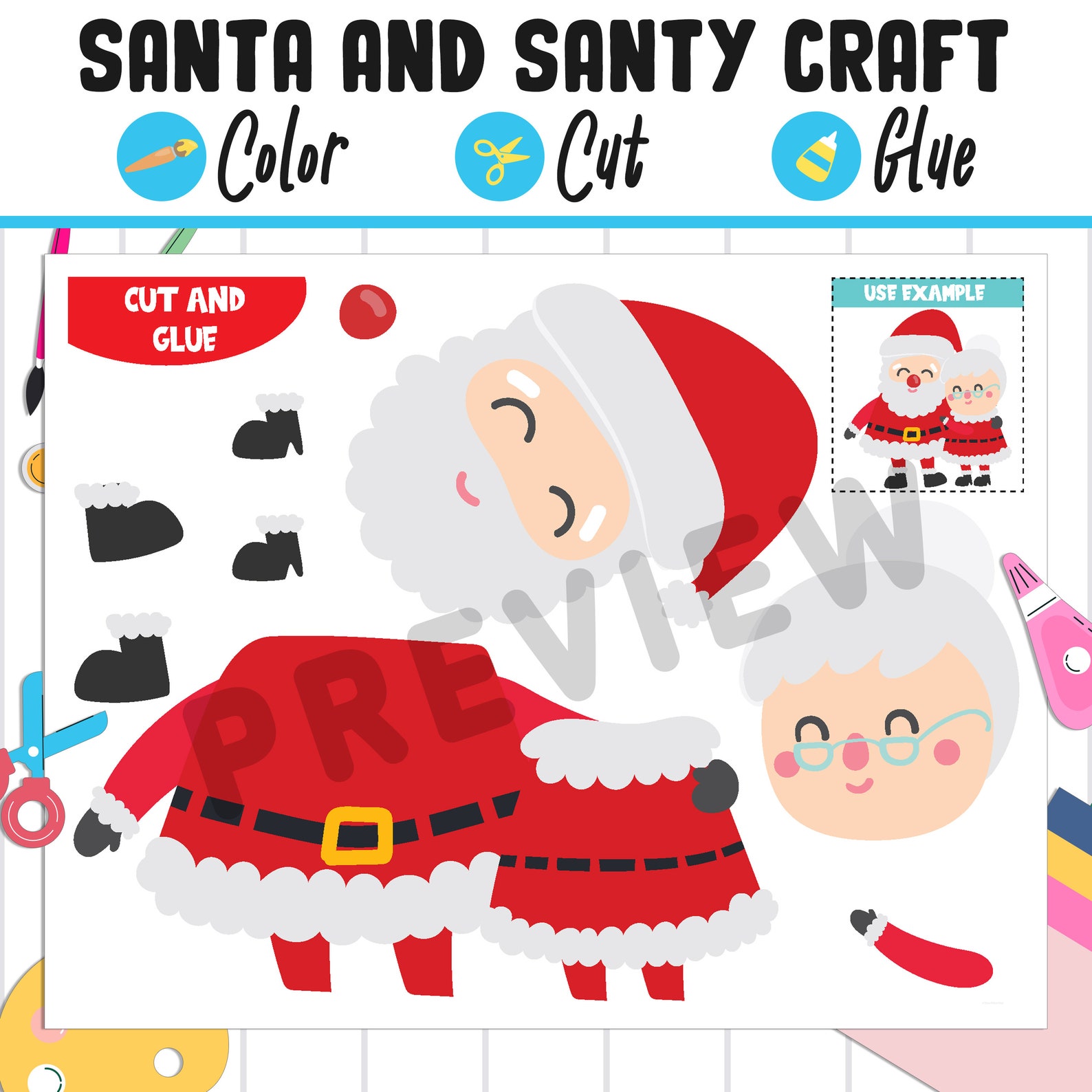 Santa Claus and Santy Craft Activity - Color, Cut, and Glue for Prek to ...