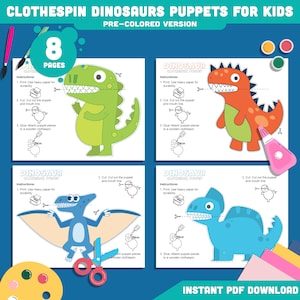 Clothespin Dinosaur Puppets for Kids, 8-page Craft With 4 Designs, Pre ...