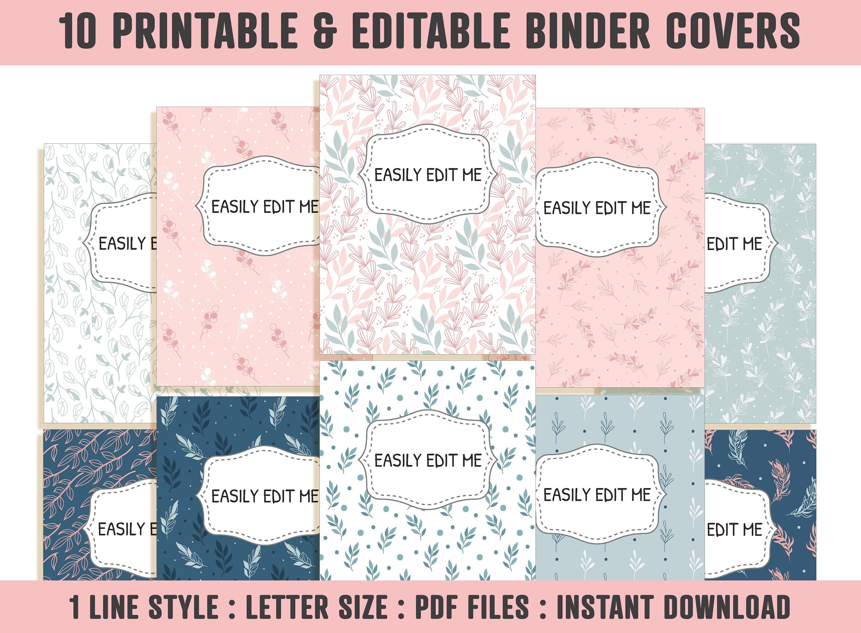 Binder Cover Set, 10 Editable Covers+spines, Printable, Binder Cover ...