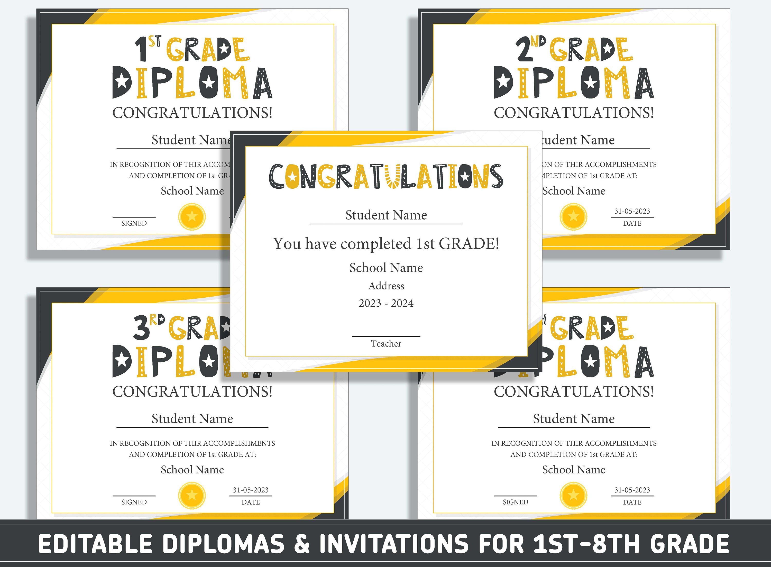 Editable Seventh Grade Diploma, 1st to 8th Grade Diploma, Certificate ...