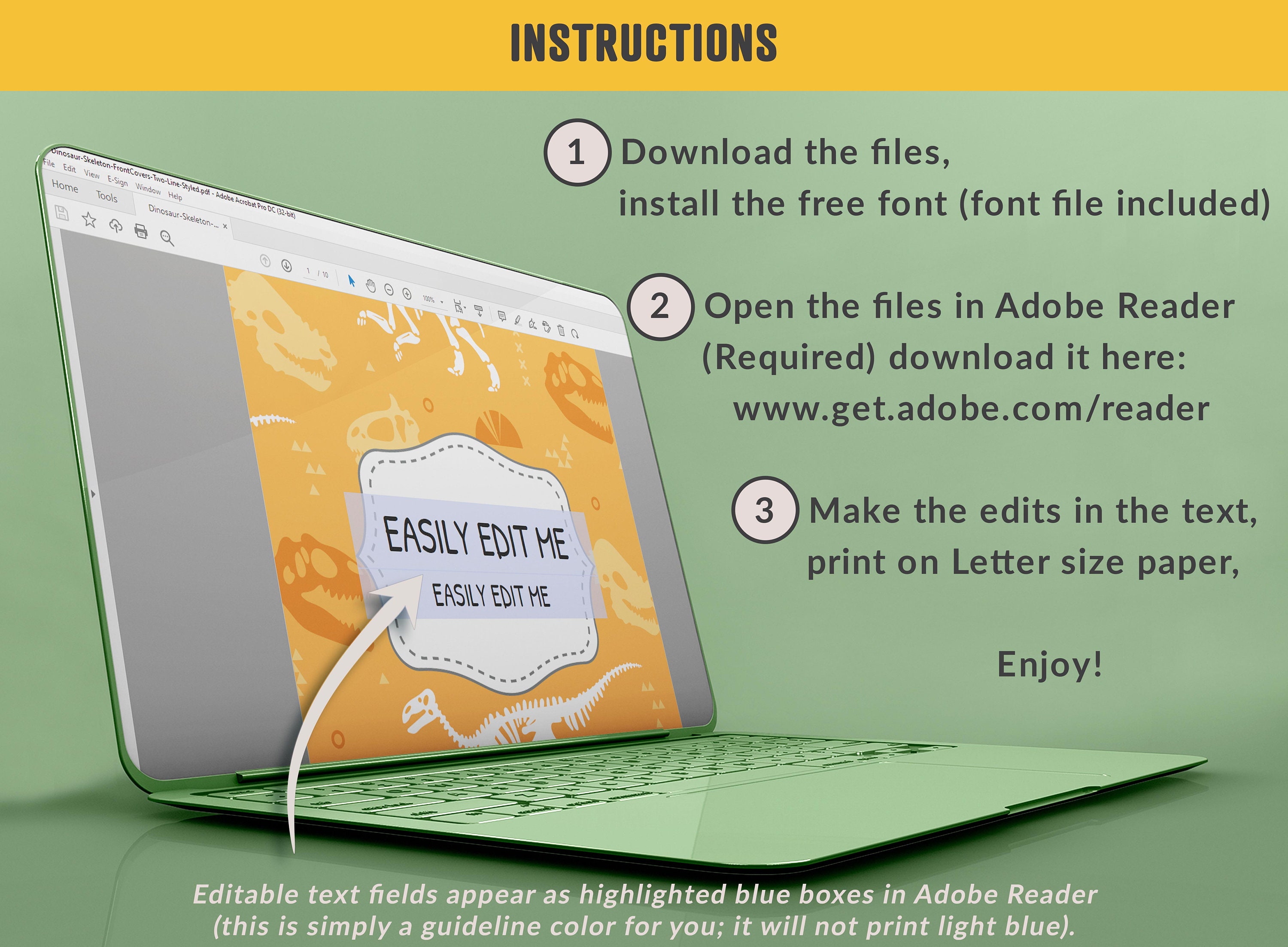 Dinosaur Skeleton Binder Cover, 10 Printable/editable Binder Covers ...