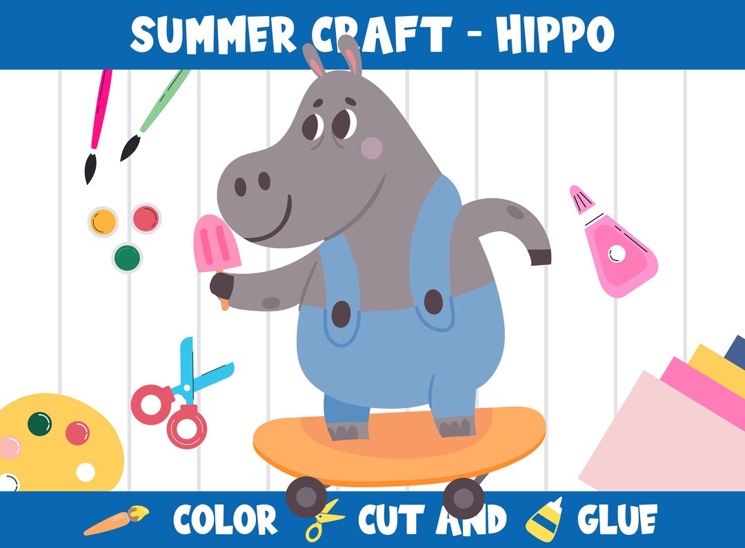 Summer Craft Activity: Hippo - Color, Cut, and Glue for Prek to 2nd ...