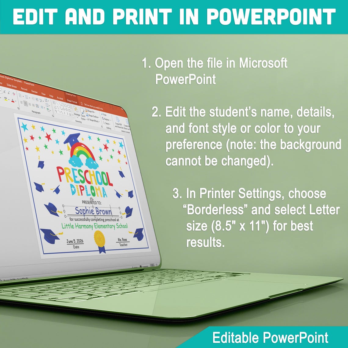 Editable Preschool Diploma Template: Customizable Letter Size PDF and ...