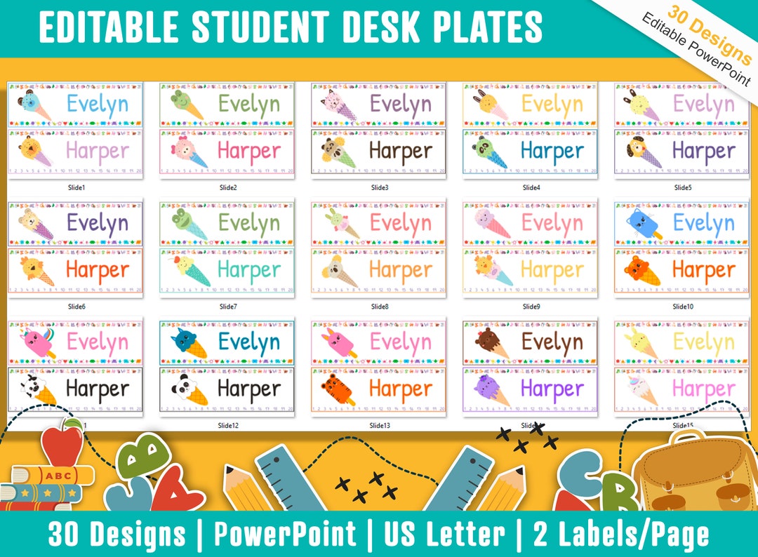 Animals Ice Cream Student Desk Plates: 30 Editable Designs With ...