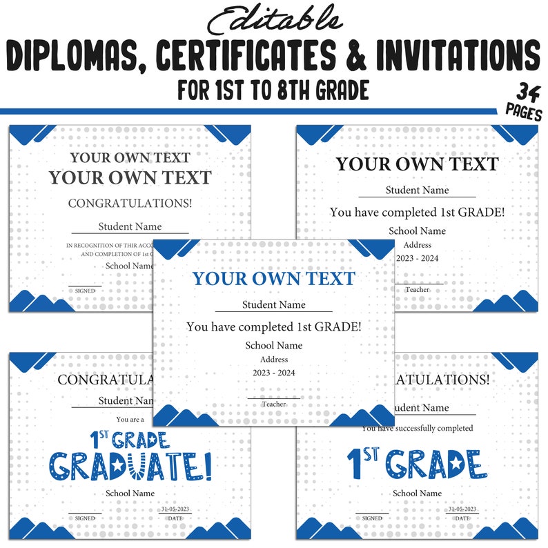 34 First Grade Achievement Diplomas, 1st-8th Grade Certificates, and ...