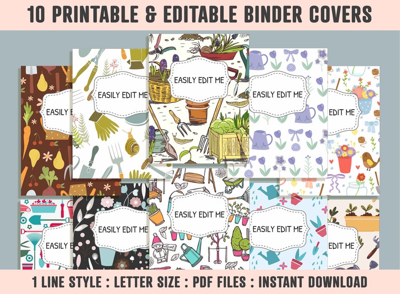 Gardening Binder Cover, 10 Printable & Editable Binder Coversspines ...