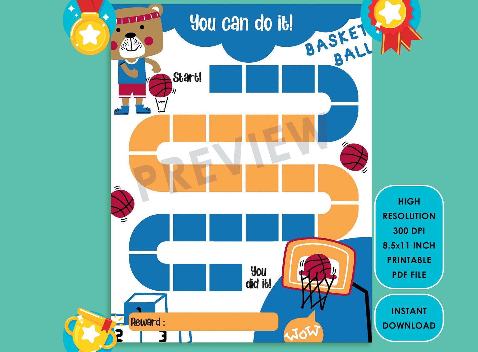 Printable Playing Basketball Reward Chart for Kids, a Way of Guiding ...