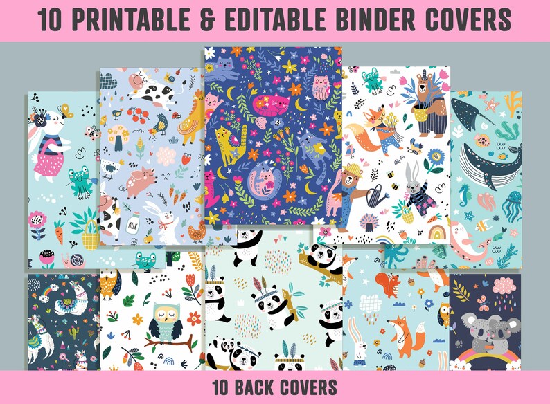 Cute Funny Animals Binder Cover, 10 Printable & Editable Binder Covers ...