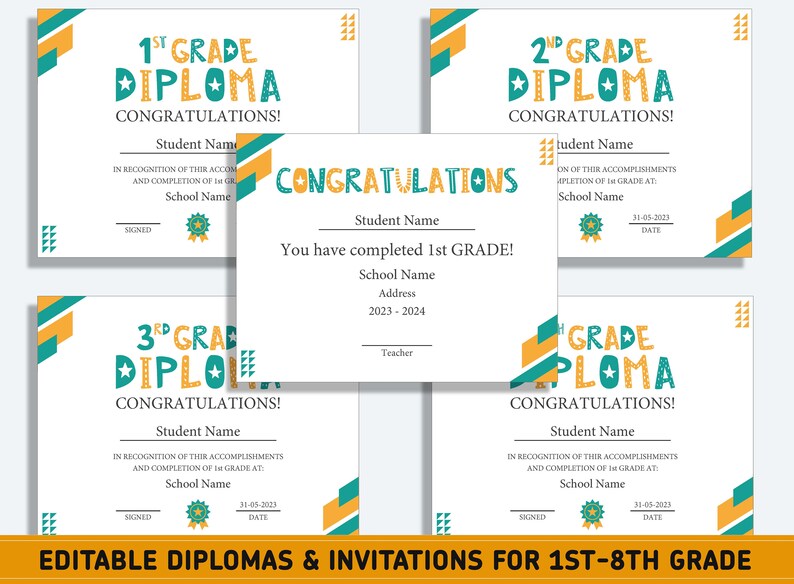 Editable First Grade, Second Grade Diploma Certificate of Completion ...