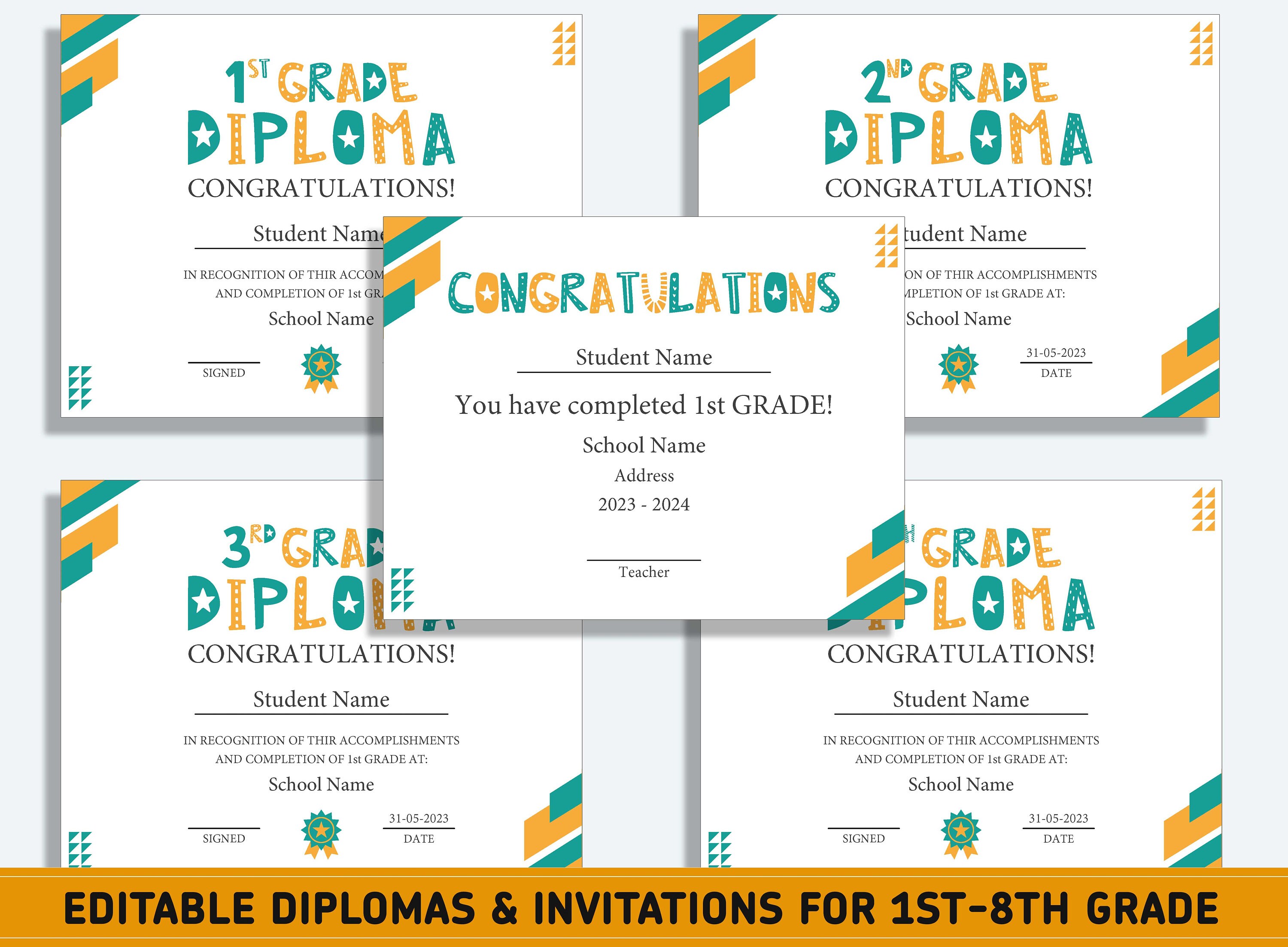 Editable First Grade, Second Grade Diploma Certificate of Completion ...