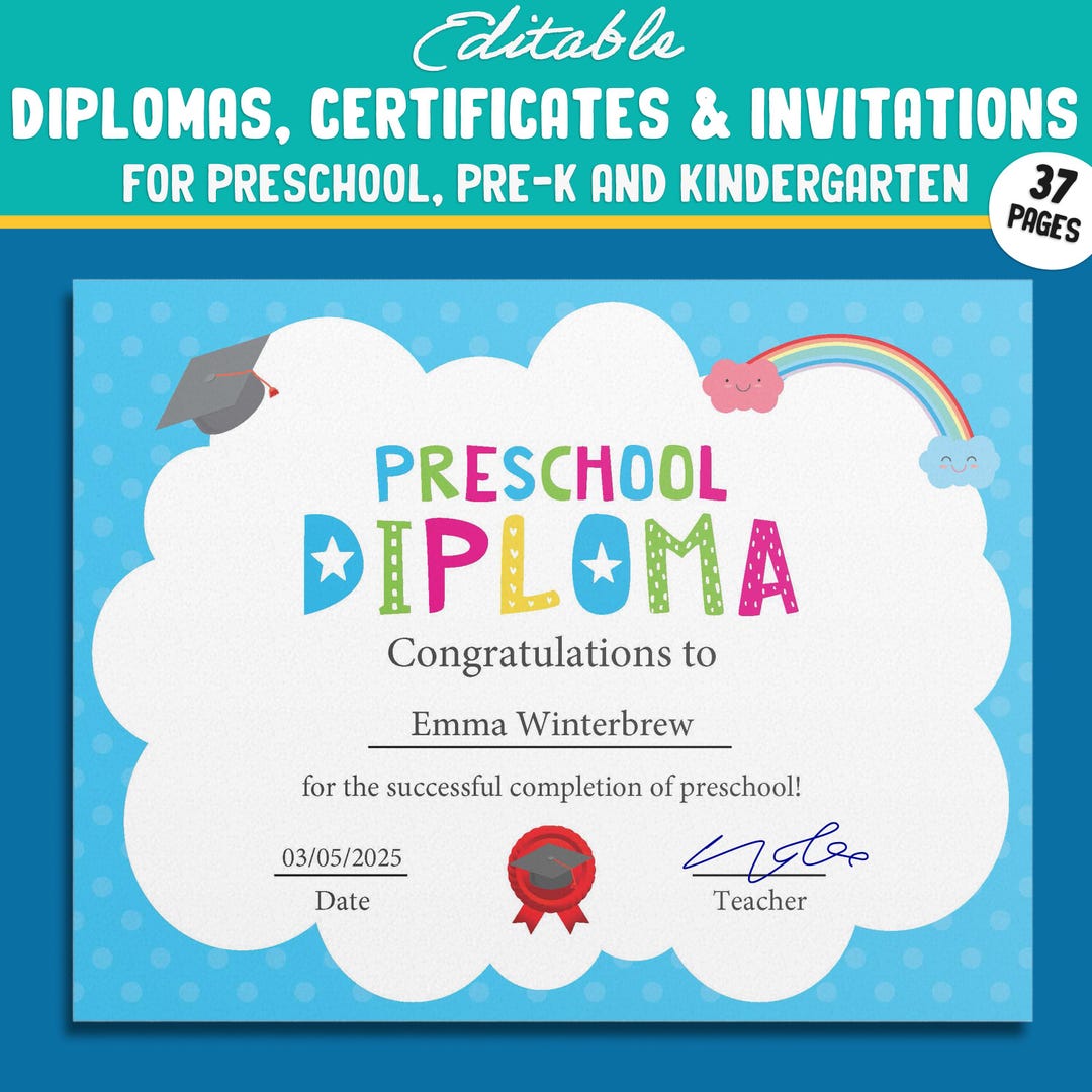 37 Editable Pre-k, Preschool, and Kindergarten Diplomas, Certificates ...
