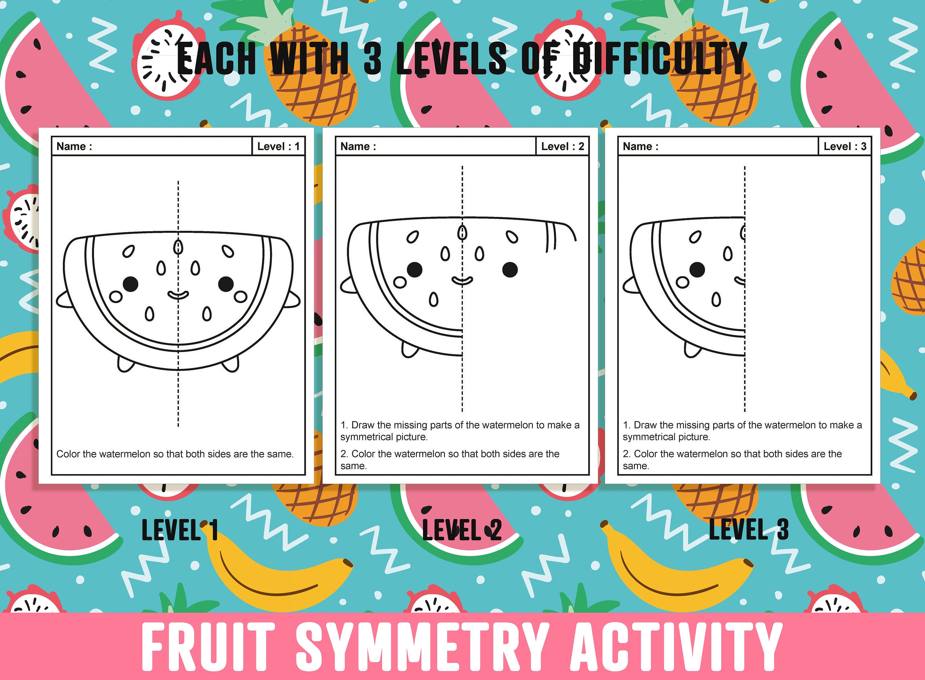 Fruit Symmetry Worksheet Fruit Theme Lines of Symmetry - Etsy