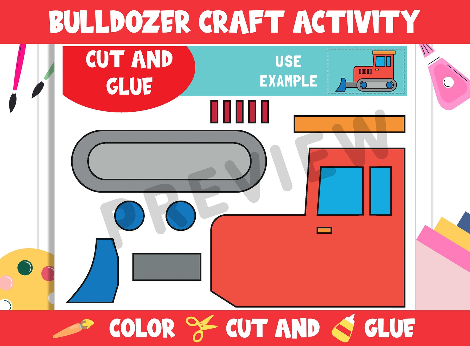 Bulldozer Craft Activity - Color, Cut, and Glue for Prek to 2nd Grade ...