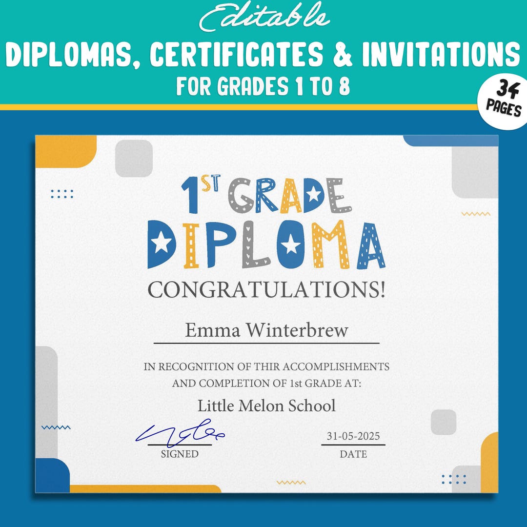 Editable 1st Grade Diploma, 1st-8th Grade Certificates, and Invitation ...