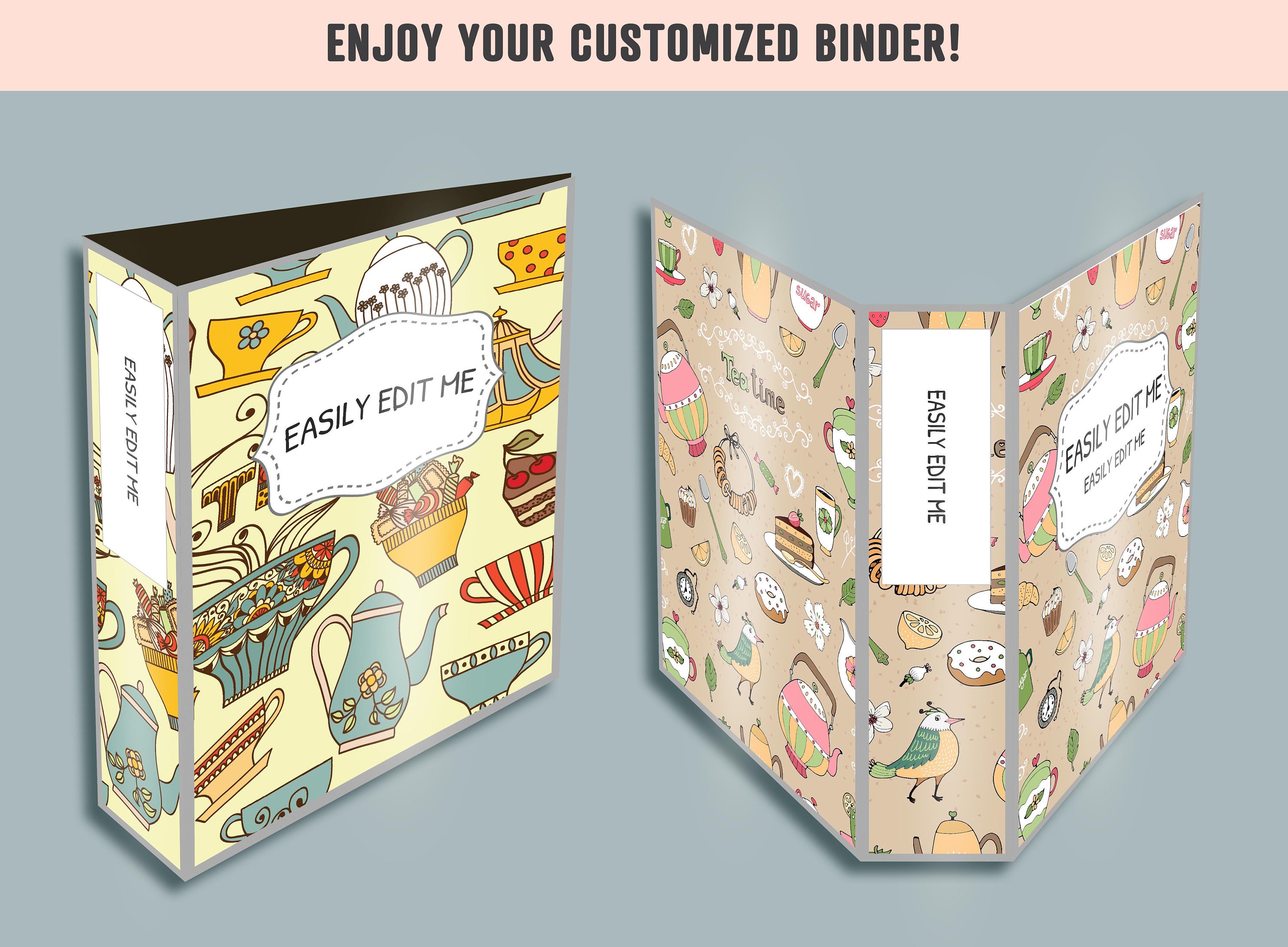 Cups and Teapots Binder Cover, 10 Printable & Editable Binder Covers ...