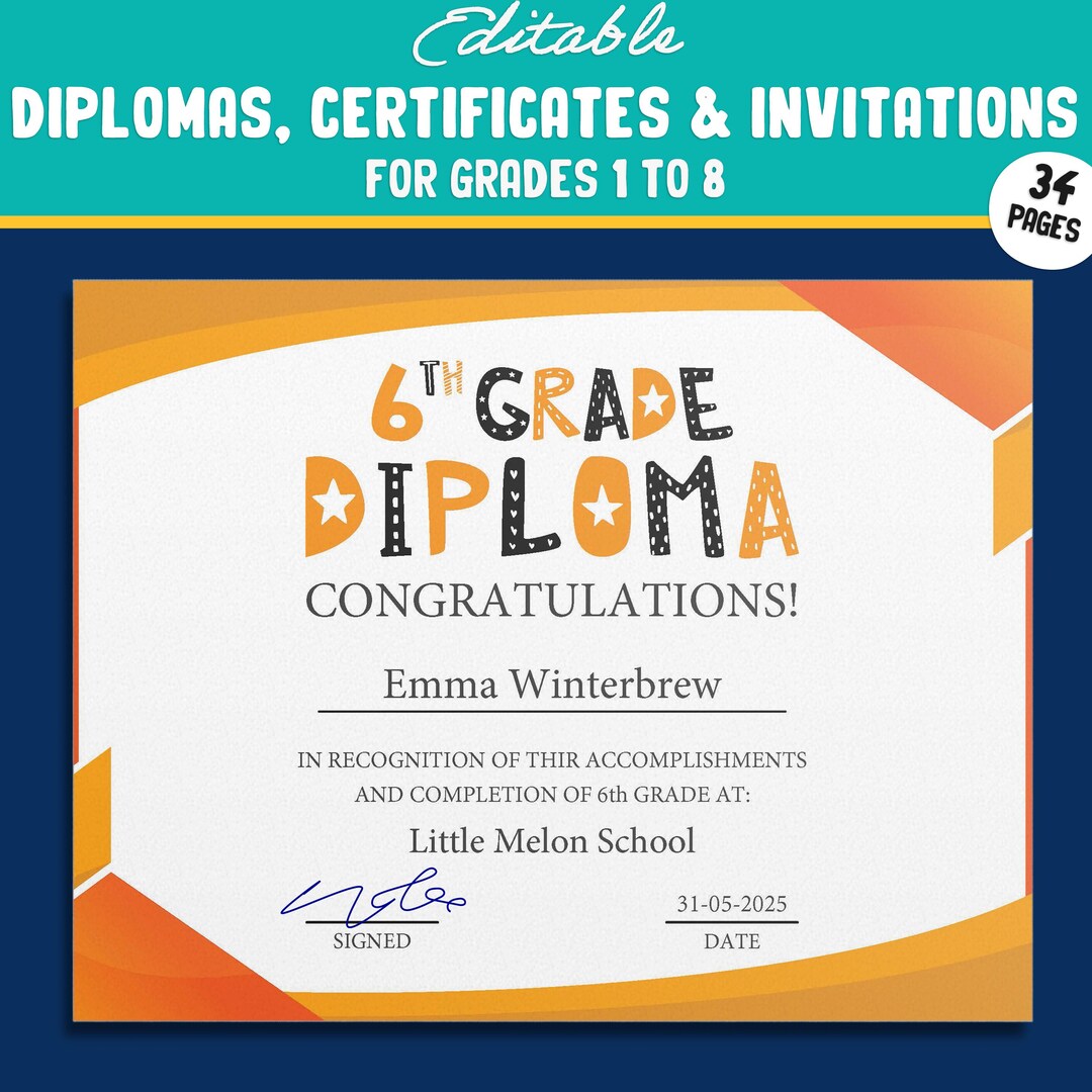 Editable 6th Grade Awards, 1st to 8th Grade Diploma, Certificate of ...