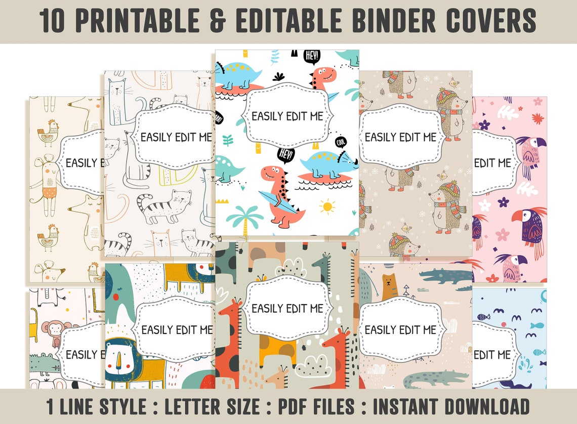 Animal Binder Covers, 10 Printable/editable Binder Covers & Spines ...