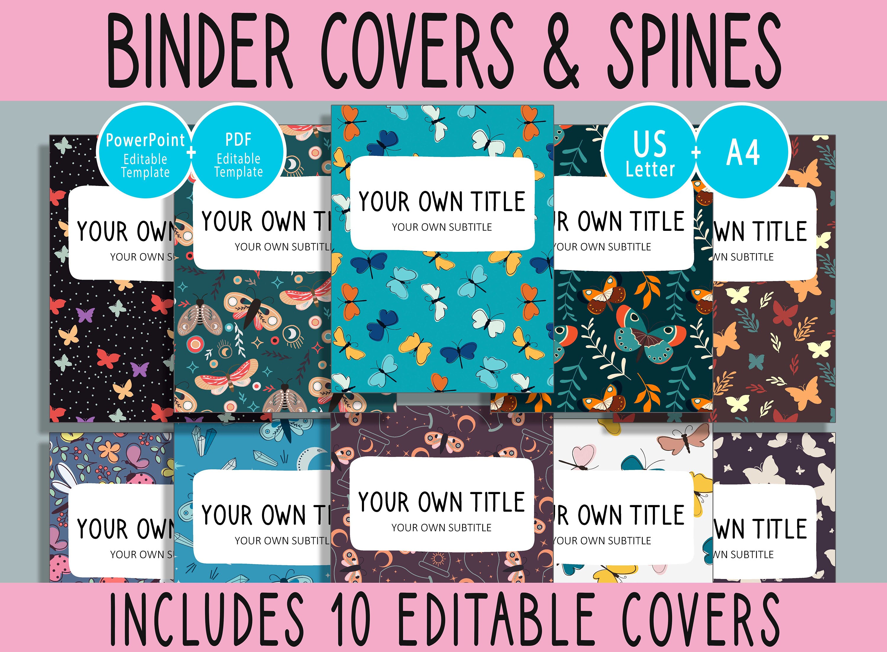 10 Editable Butterfly Binder Covers, Includes 1", 1.5", 2" Spines ...