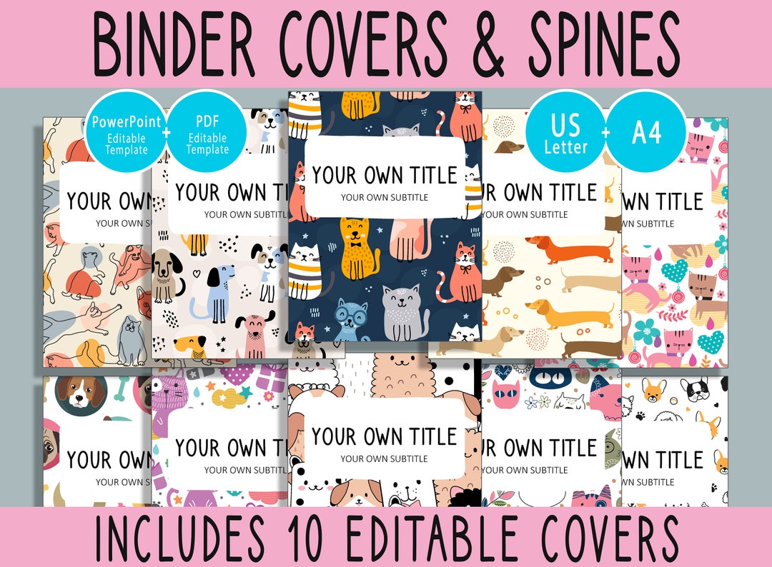 10 Editable Puppy & Kitten Binder Covers, Includes 1, 1.5, 2 Spines ...