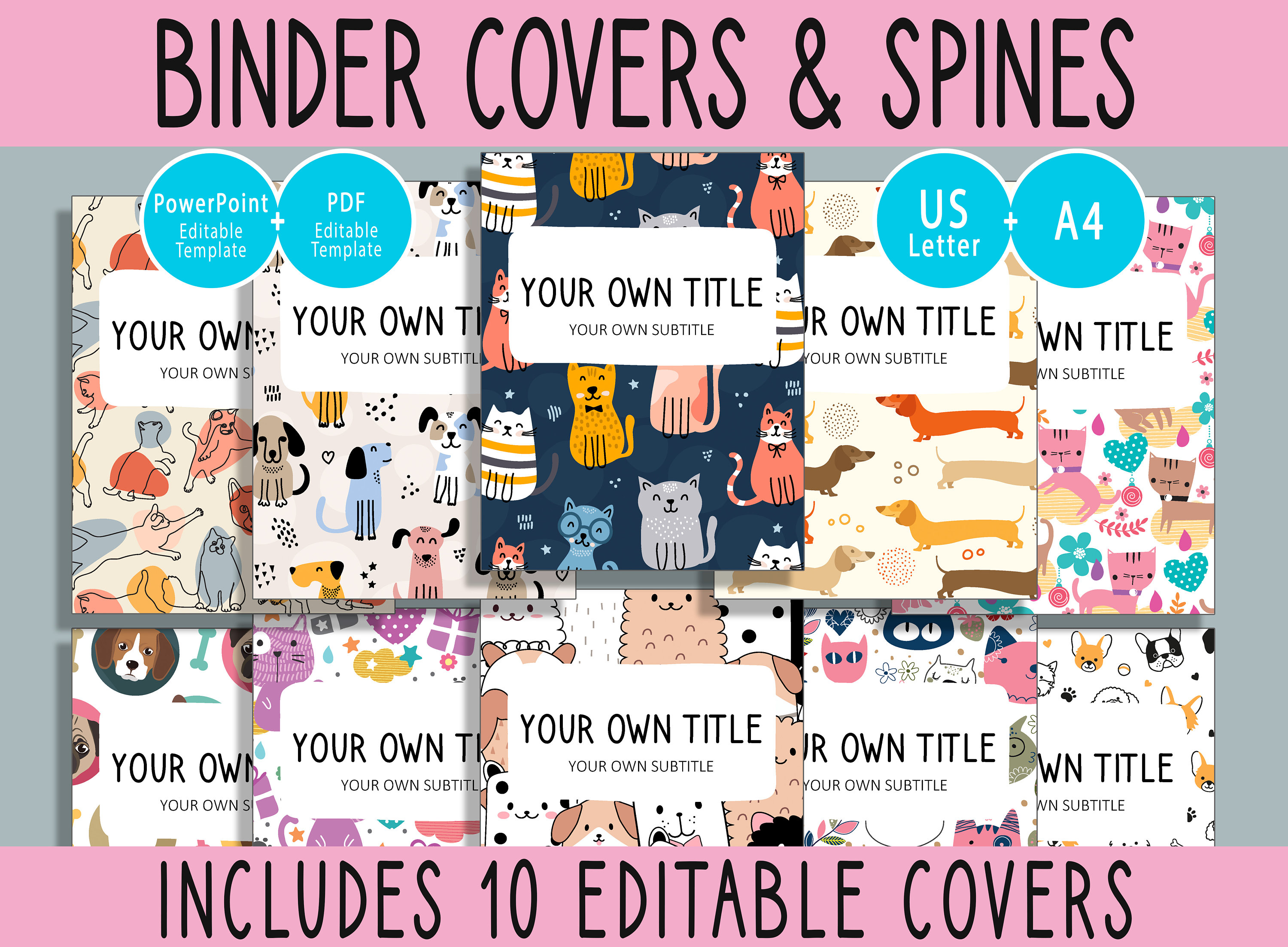 10 Editable Puppy & Kitten Binder Covers, Includes 1, 1.5, 2 Spines ...