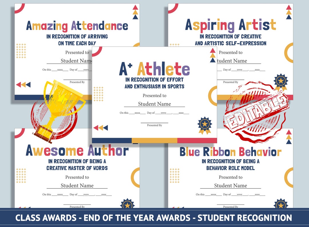 Editable Classroom Awards for Middle and High School Students, End of ...