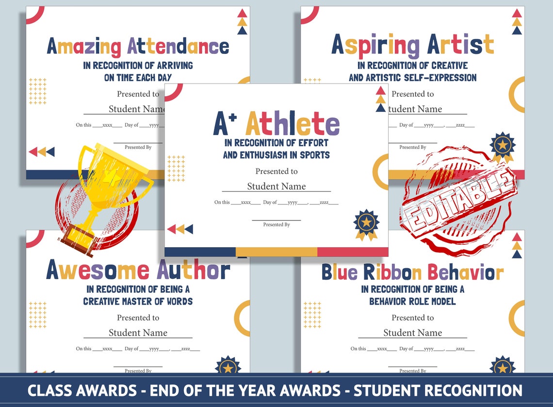 Editable Classroom Awards for Middle and High School Students, End of ...