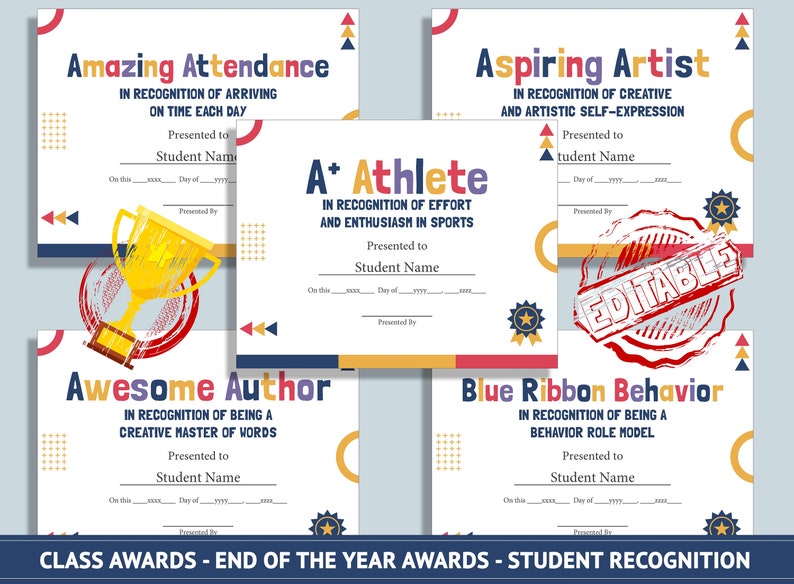 Editable Classroom Awards for Middle and High School Students, End of ...
