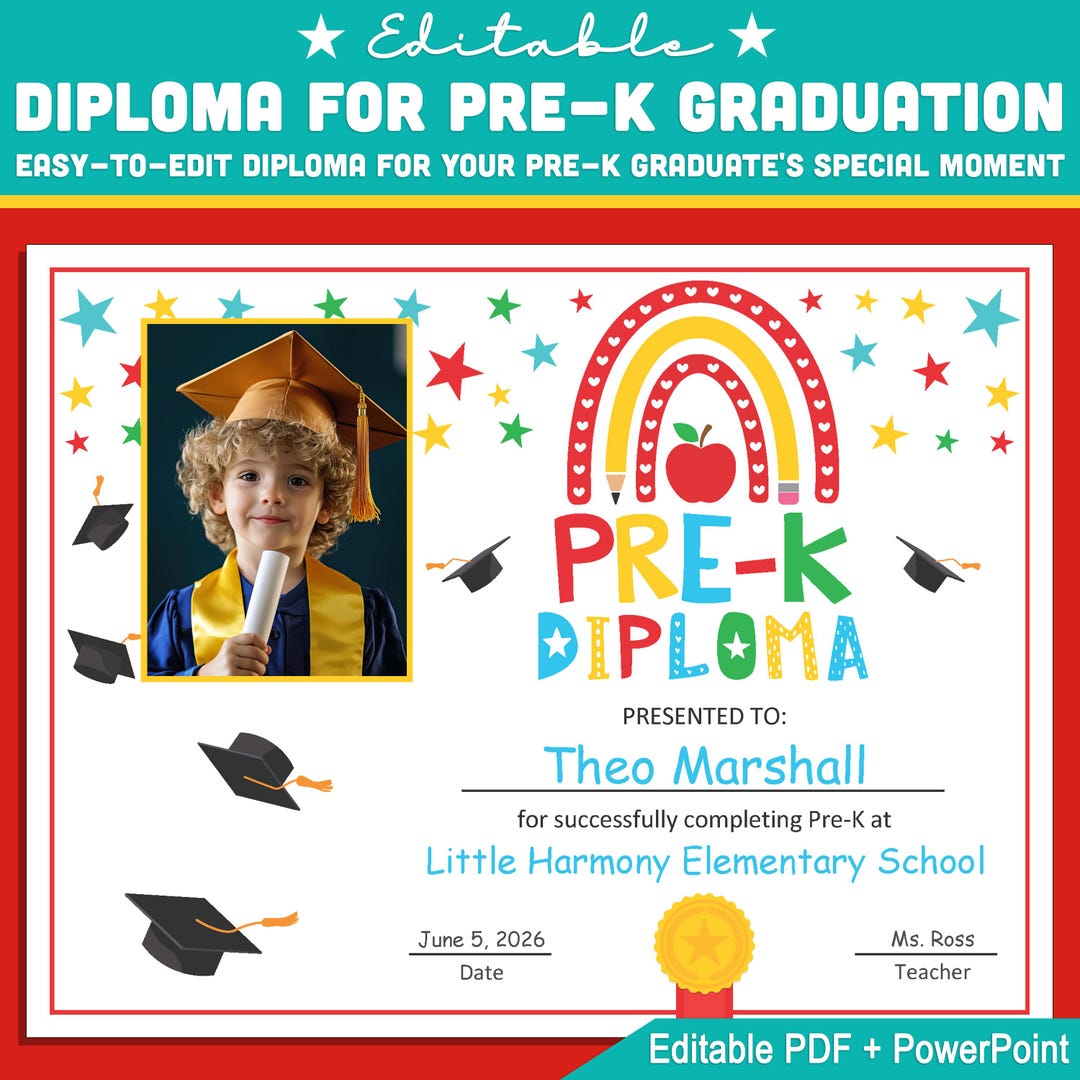 Editable Pre-k Moving up Diploma With Student Photo, Rainbow Graduation ...